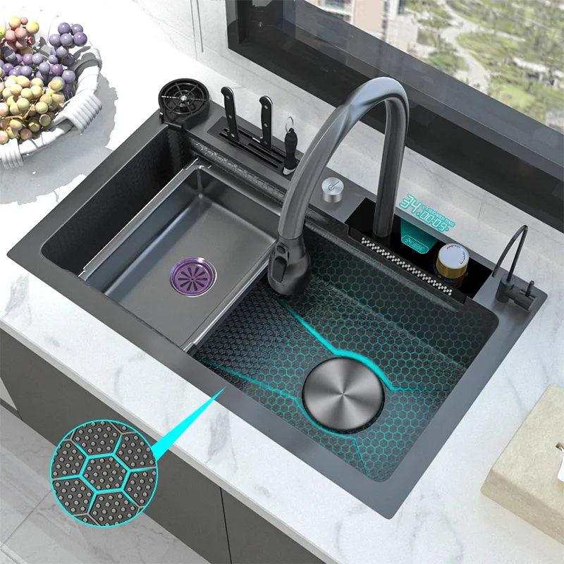 Embossed-Waterfall-Sink-Stainless-Steel-Kitchen-Sink-Large-Single-Slot ...