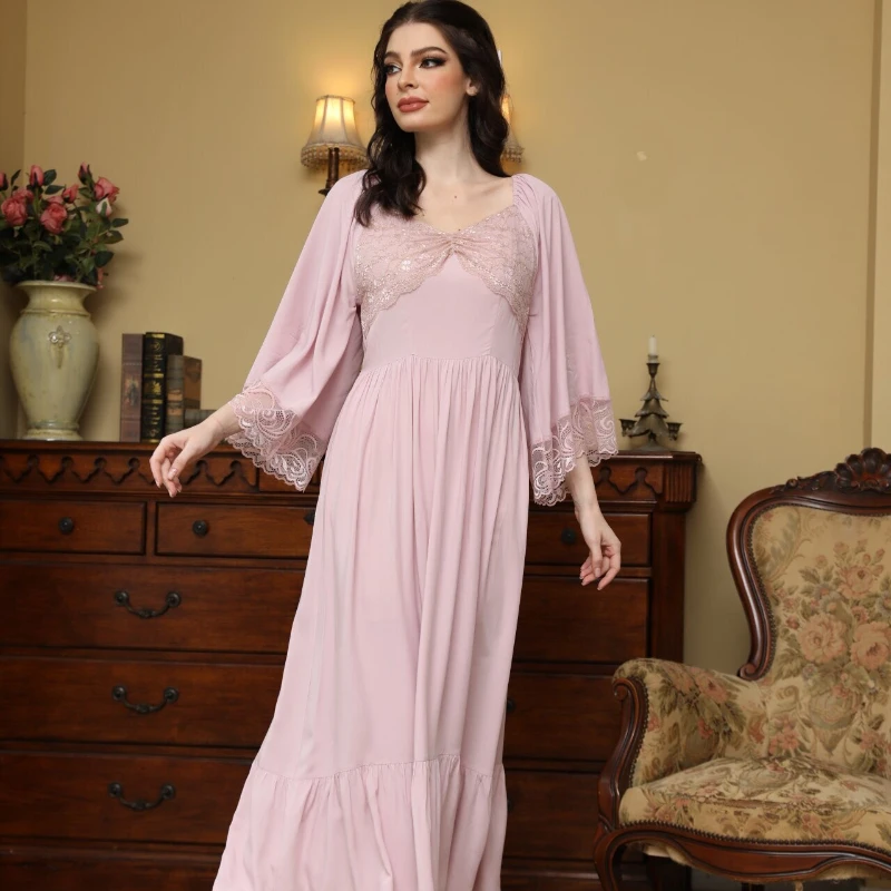 Muslin-Loose-Cotton-Night-Dress-Women-Pink-Purple-Arab-Long-Sleeve ...