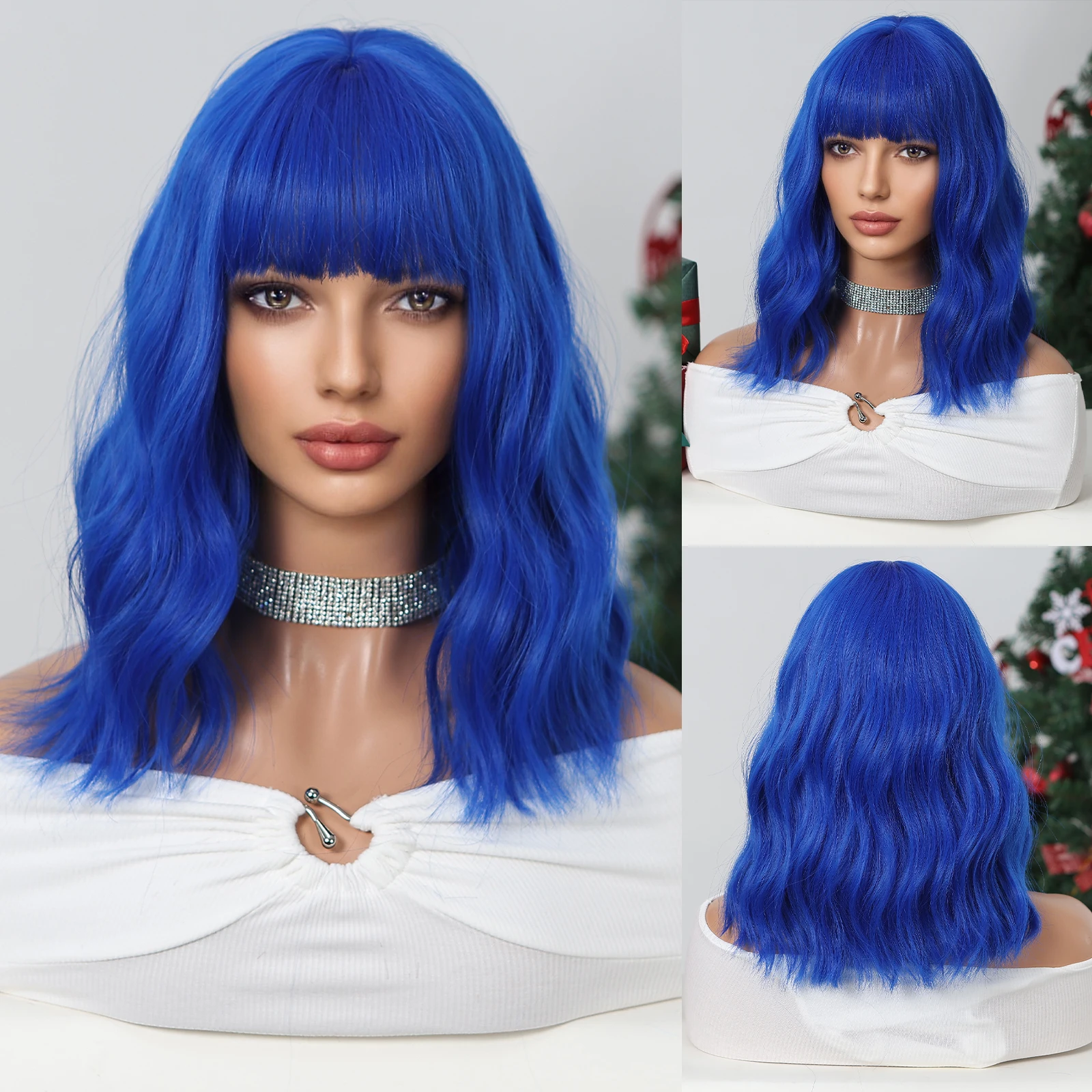 Blue-Wigs-for-Women-Short-Wavy-Bob-Blue-Wig-with-Bangs-Synthetic-Hair ...