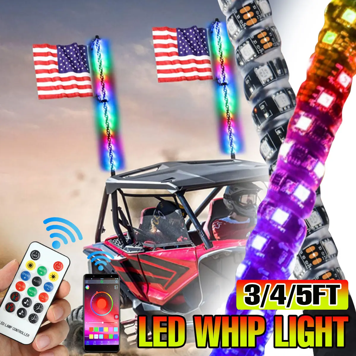 1/2X 3/4/5FT LED Whip Light RGB Waterproof Multi-Color Flagpole Lamp ...