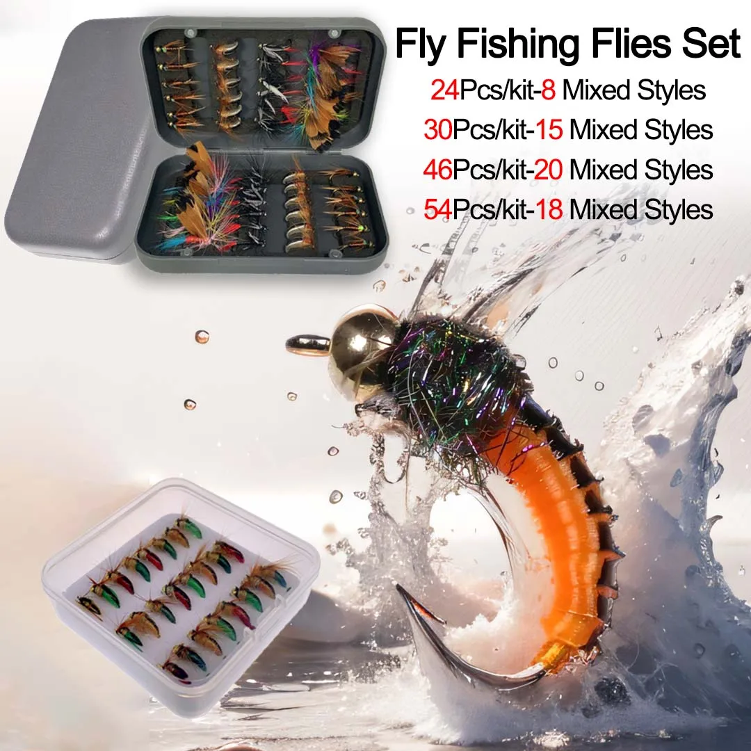 24-54Pcs-Box-Fishing-Flies-Set-Wet-Dry-Nymph-Fly-Hand-Tied-Flies-for ...
