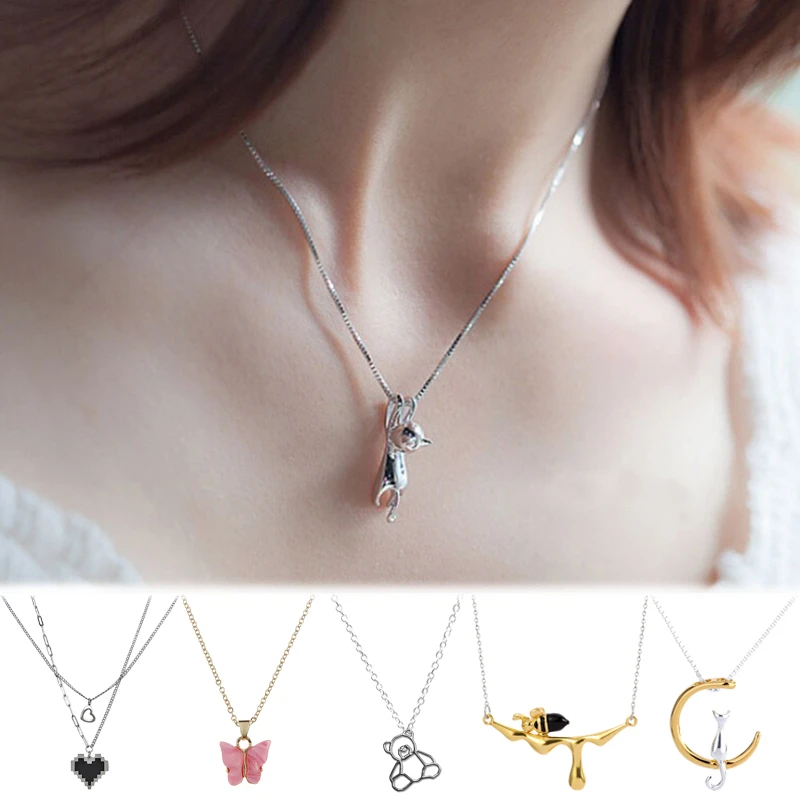 Necklace For Women Cute Simple Girls Animal Cat Sweet Heart Butterfly ...