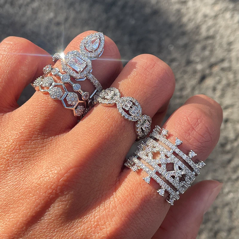 UILZ-Luxury-Zircon-Silver-Color-Honeycomb-Open-Rings-for-Woman-New ...