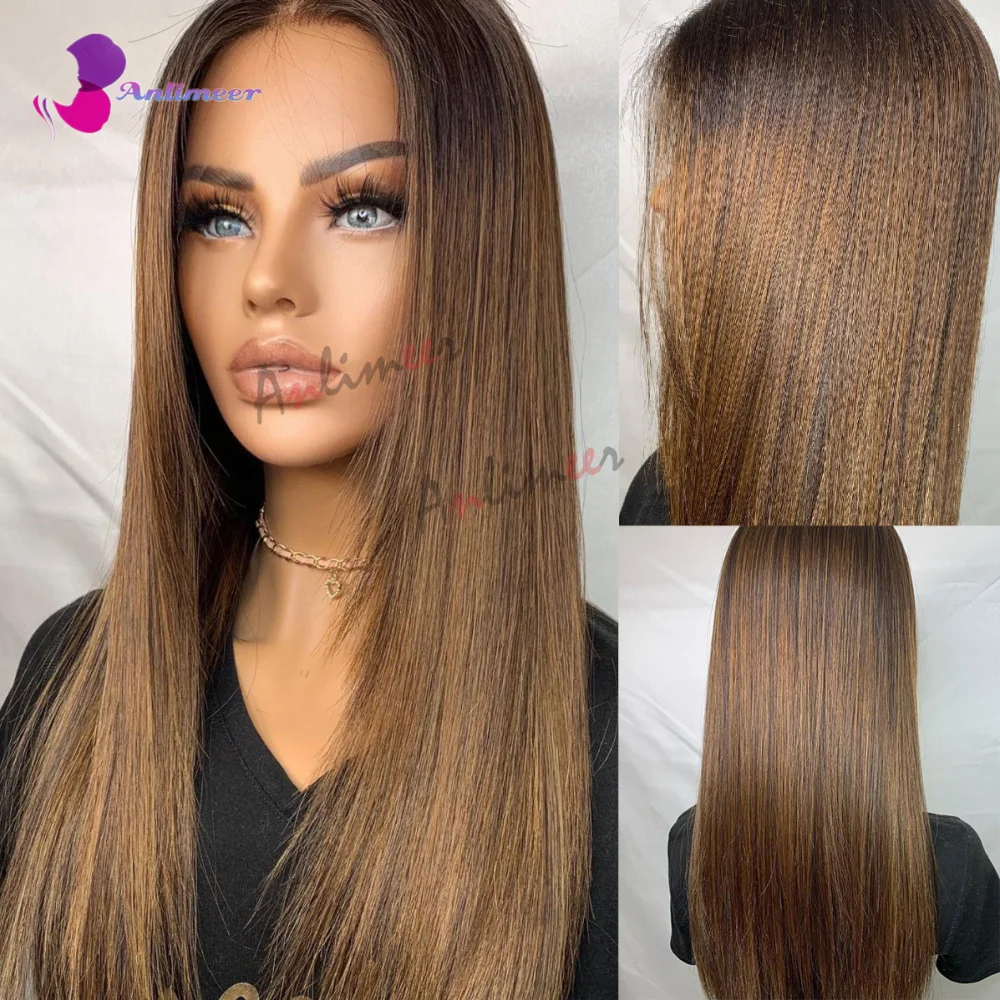 Peruca Frontal de Base de Seda, Perucas Destacadas Ombre, Castanho ...