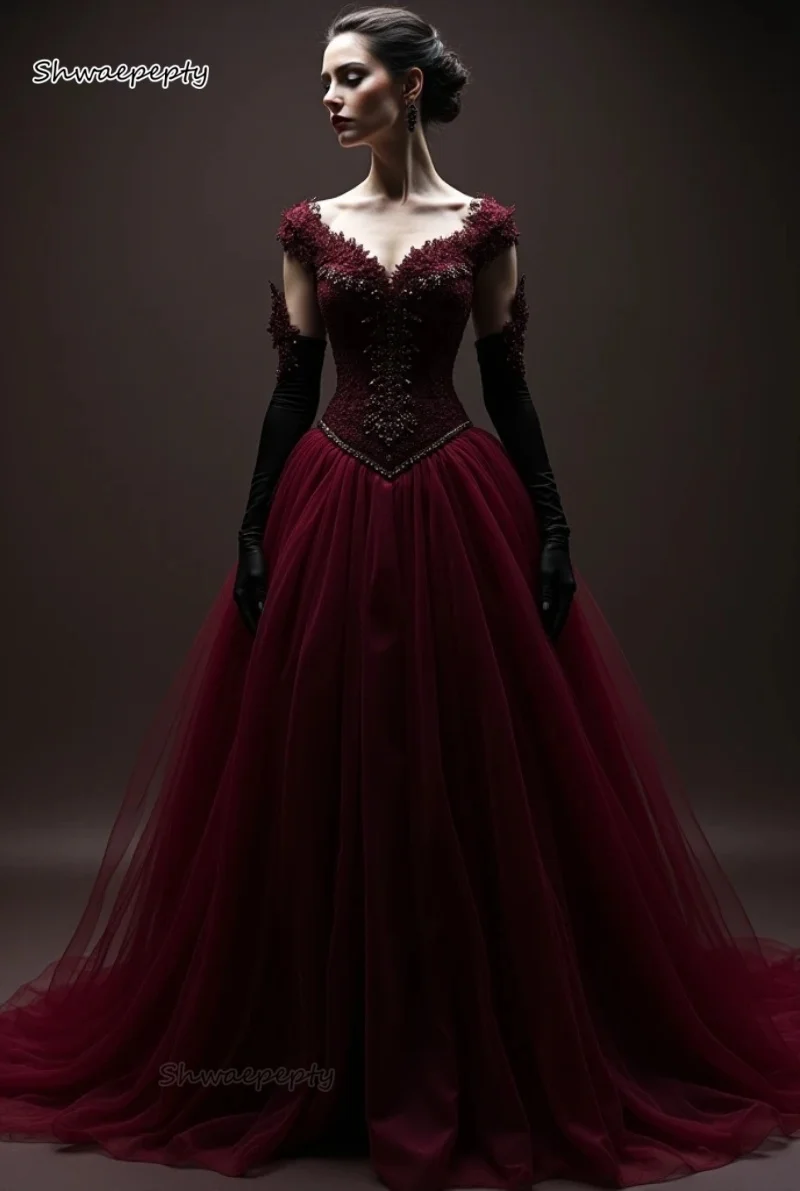 Burgundy Vampire Halloween Prom Dress Vintage Tulle A-Line Long Evening ...