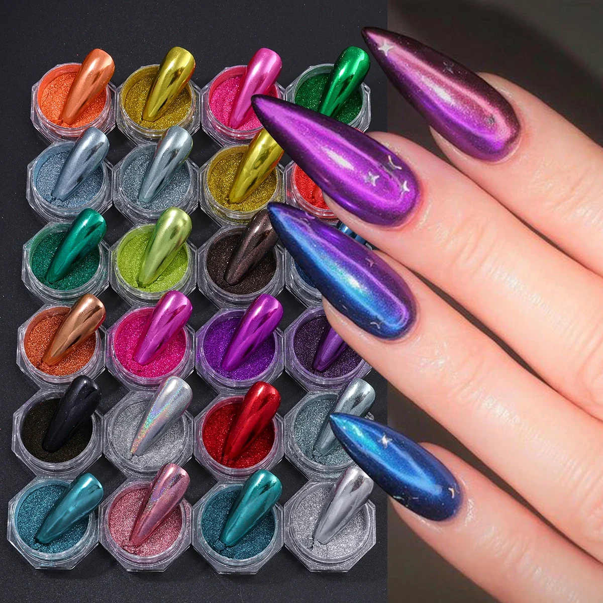 24 Color Y2K Chrome Nail Magic Mirror Powder Set Metallic Pigment ...