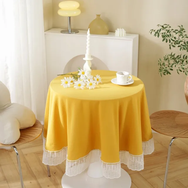 Solid Color Round Table Cover Cotton Tablecloth Desktop Protection Lace ...