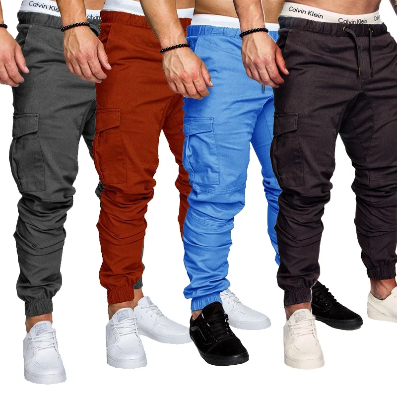 Multi-pocket Men's Cargo Sweatpants Solid Color Drawstring Harem Pants ...