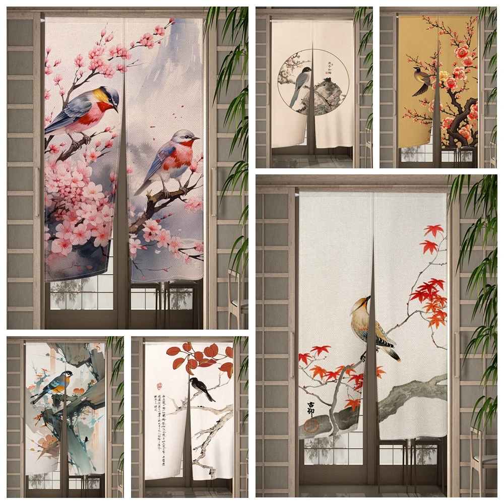 Chinese Traditional Flower Birds Door Curtain Ink Painting Japanese ...