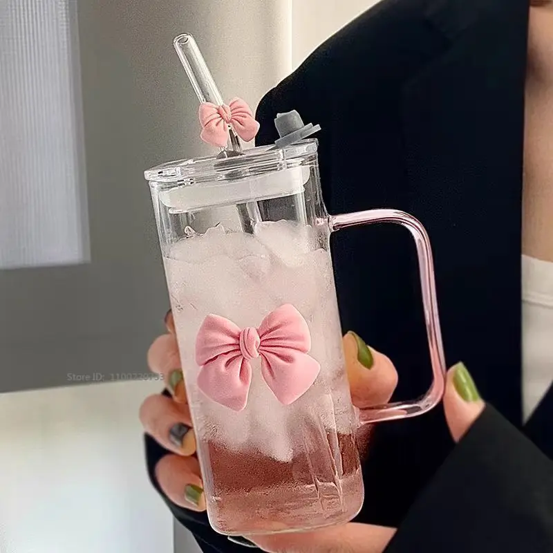 Transparent-Square-Glass-Cup-With-Handle-Pink-Green-Bow-Straw-Cups-With ...