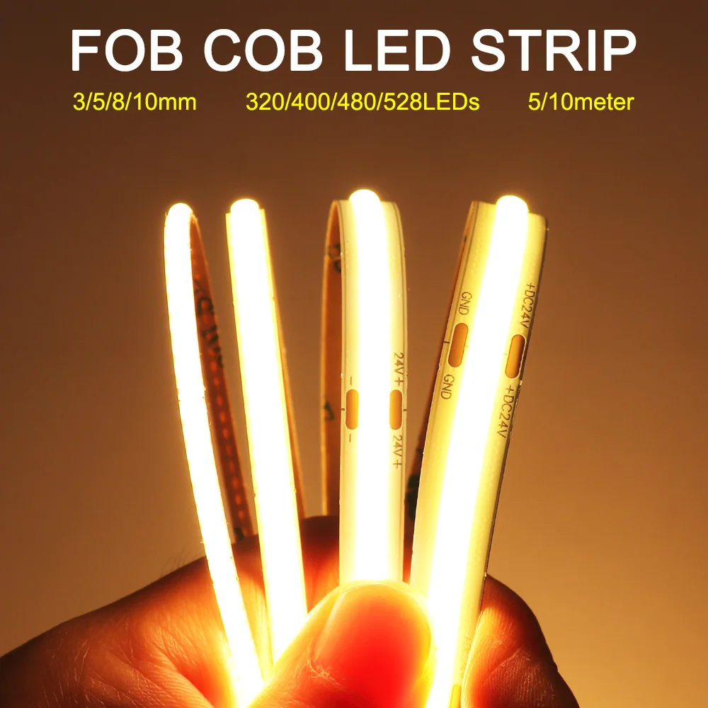 FOB COB LED Strip Light Bar 12V 24V 5/8/10mm 320 480 528 LEDs High Density Dimmable Flexible ...