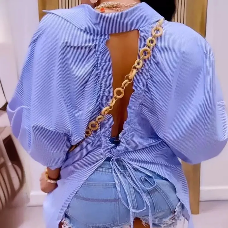 2024-Spring-Summer-New-Women-s-Striped-Back-Hollow-out-Split-Drawstring ...