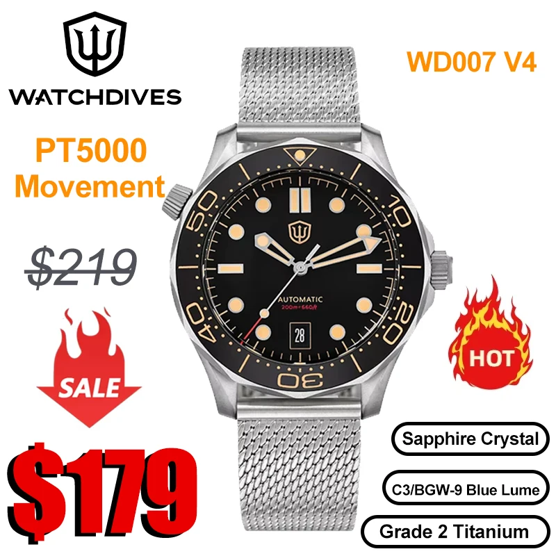 Watchdives WD007 V4 reloj de titanio NTTD PT5000 movimiento automático ...