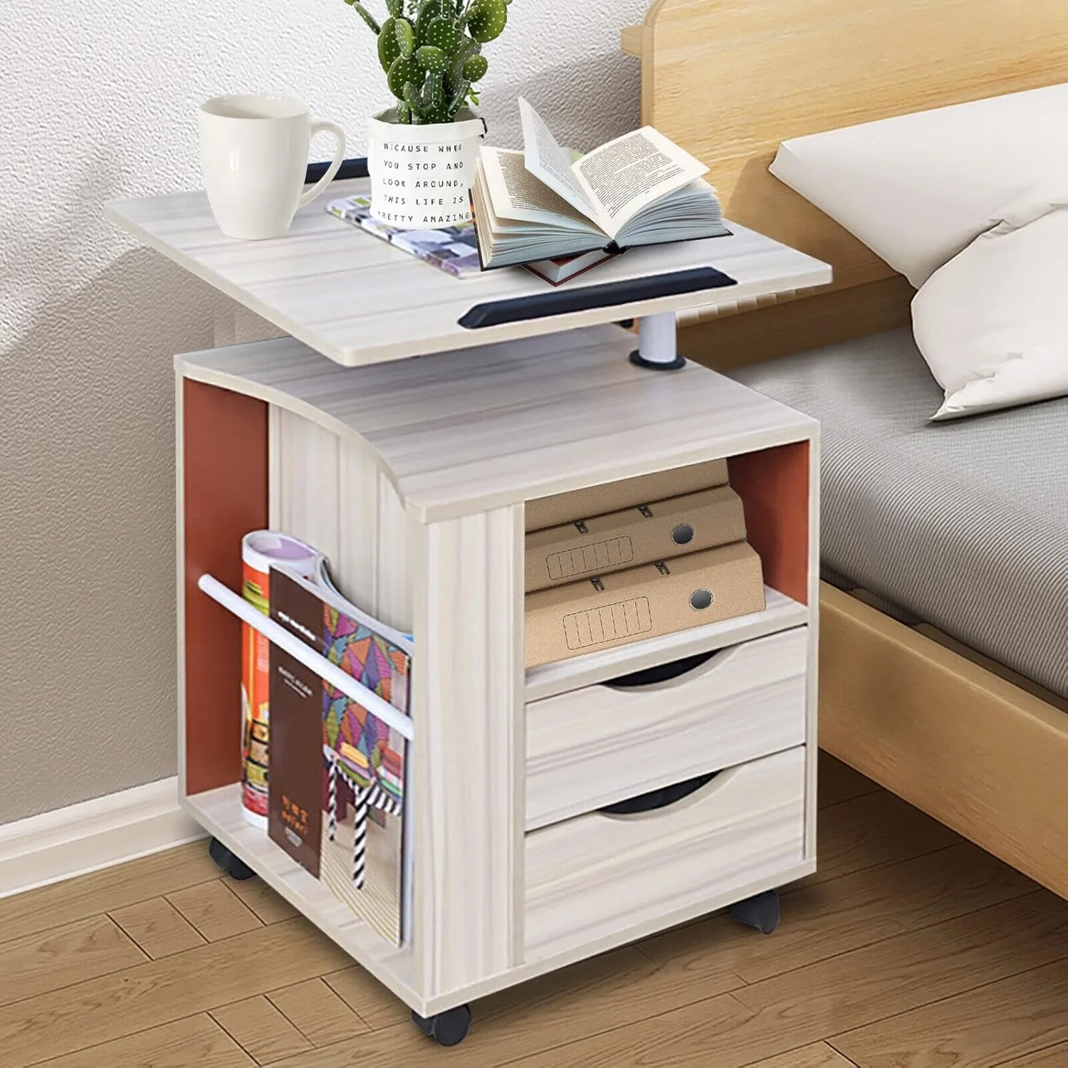 Bedside Table Functional Wooden, Rotatable and Adjustable with Drawers ...