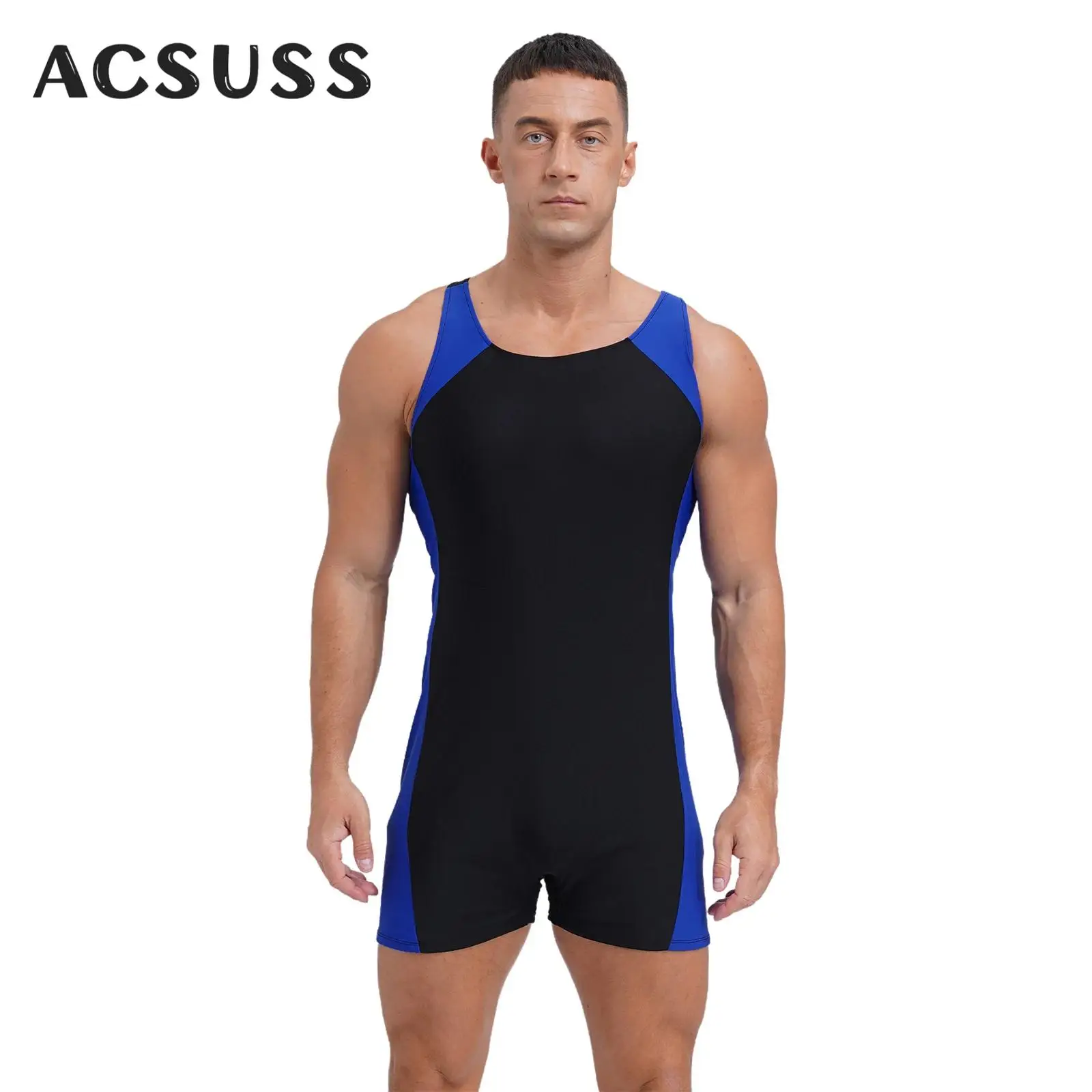 Mens-One-piece-Swimsuit-U-Neck-Straps-Jumpsuit-Bodysuit-Swimming ...