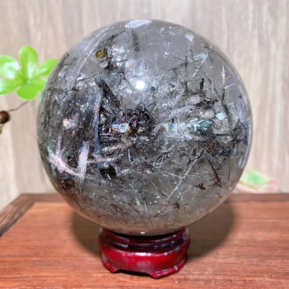 Unique Big Natural Clear Quartz Sphere with Green Tourmaline Rutile ...