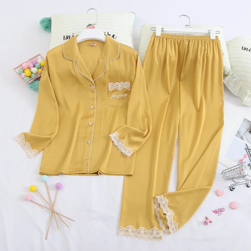 Satin Pajamas Set Faux Silk Women Sleepwear Shirt&pants Casual Lace ...