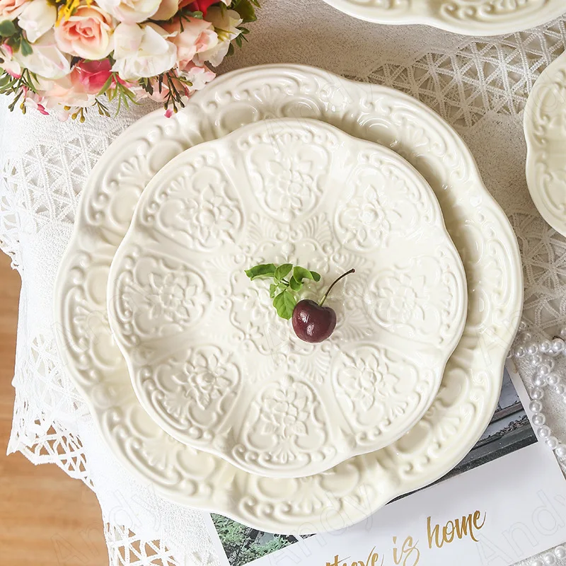 European-Ceramic-Plate-Set-Baroque-Floral-Relief-Western-Restaurant ...