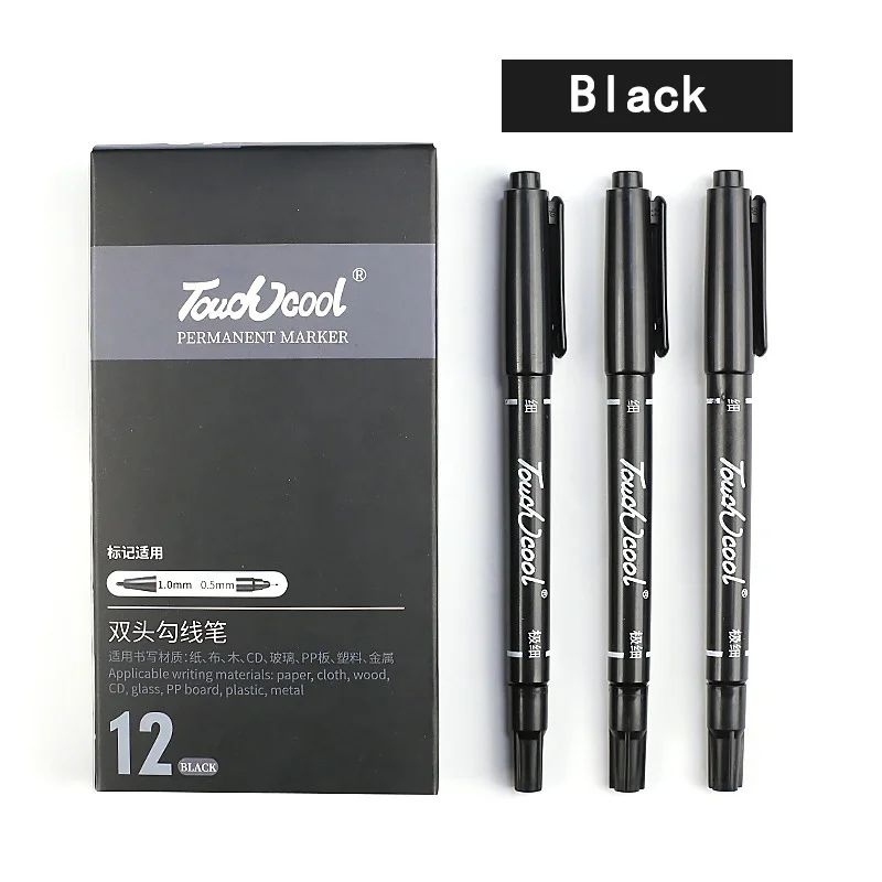 12Pcs-Set-Spot-Oily-Double-headed-Marker-Pen-Black-Hook-line-Pen ...