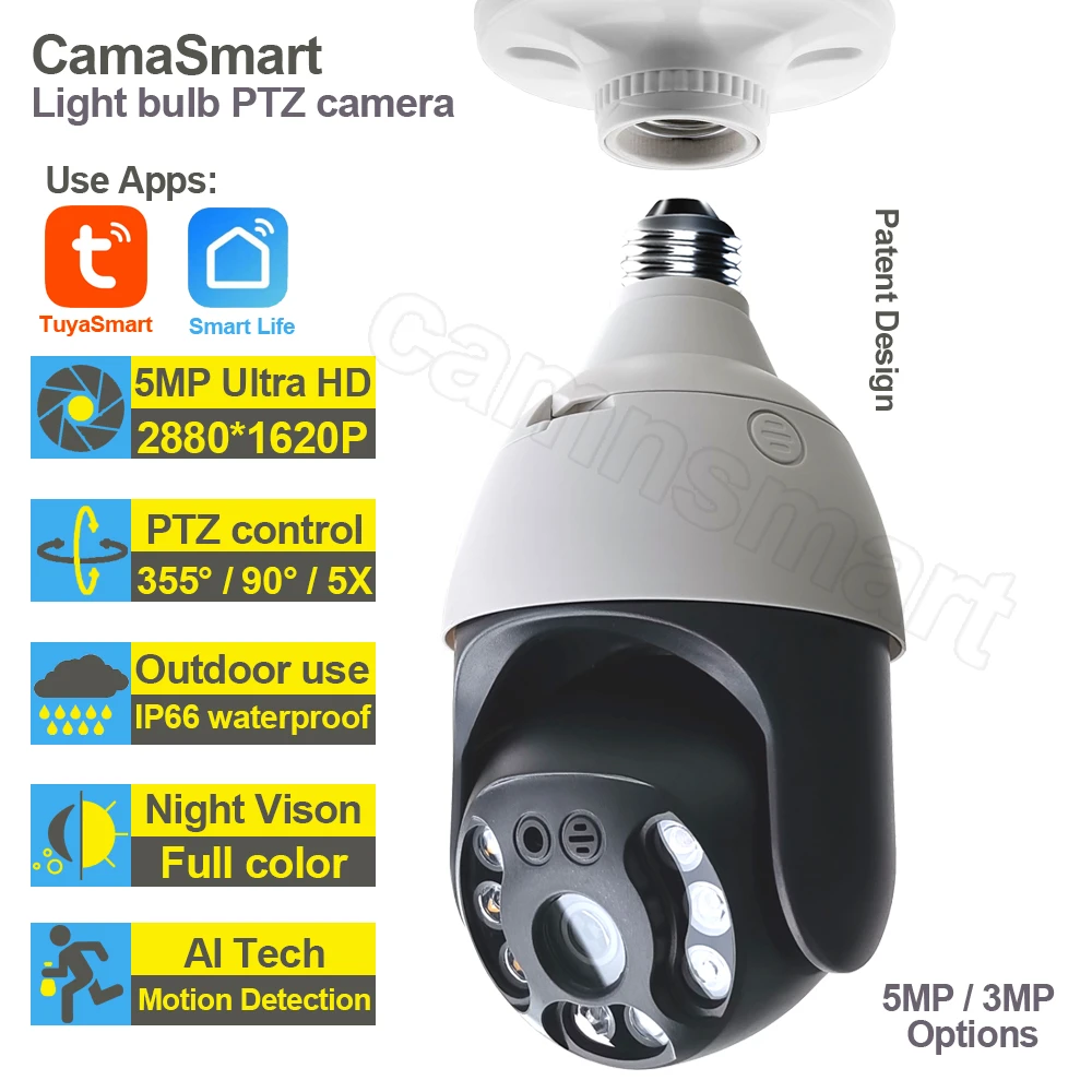 Camnsmart 5mp Tuya Smart Outdoor Light Bulb Camera Wifi Ip Ptz Color ...