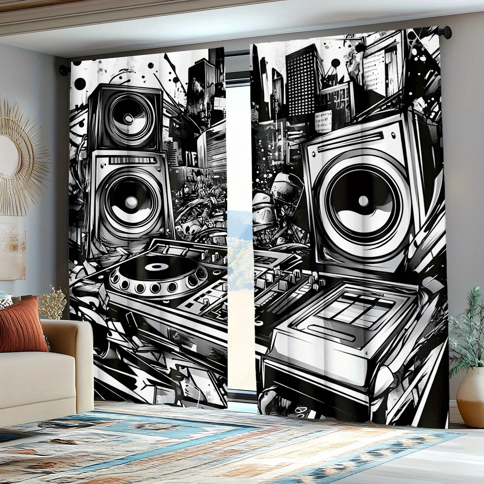 DJ Turntable Curtains Black White Music Art Window Drapes Urban Sound ...