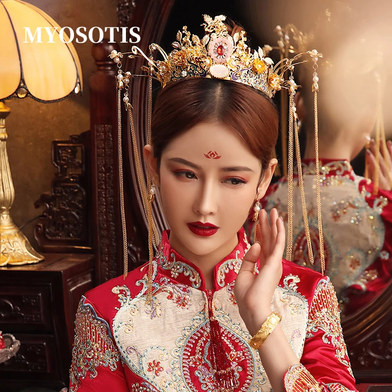 Golden Phoenix Coronet Crown Hair Accessories Chinese Classical Wedding ...