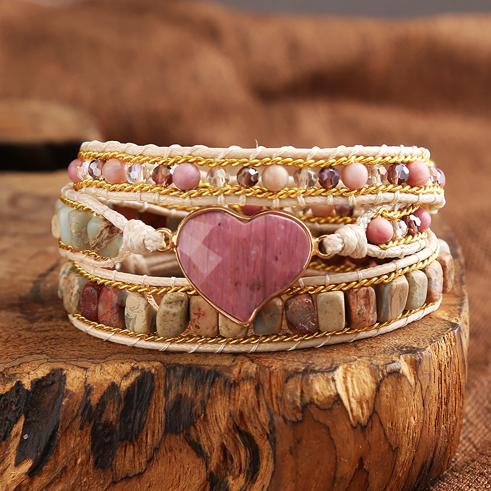 Pink Heart Stone Wrap Bracelets Crystal Design Beaded Braclet 3 strand ...