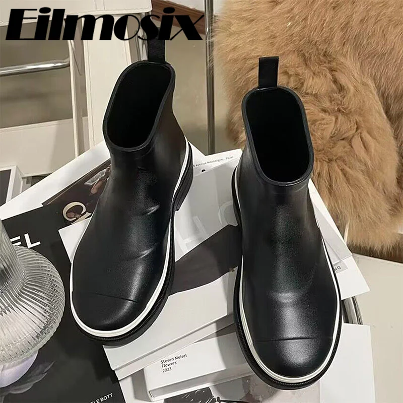 Botas-de-lluvia-de-punta-redonda-para-mujer-botines-cortos-de-goma-con ...