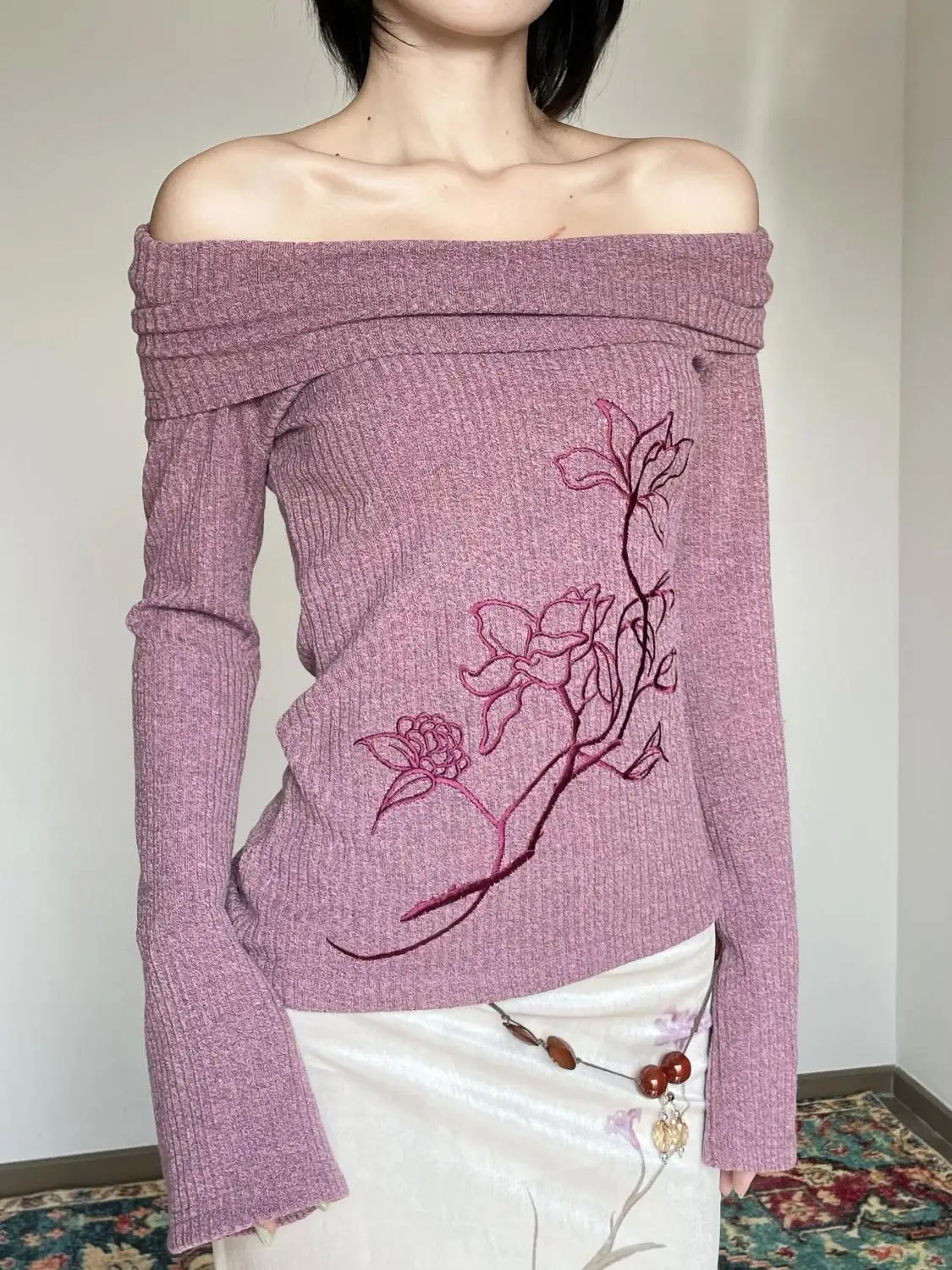 Swinging Collar Off Shoulder Purple Embroidered Sweater for Women ...