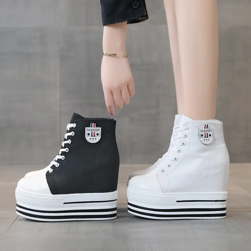 Women's High Canvas Sneakers Chunky Platform Shoes Black Lace-Up Thick ...