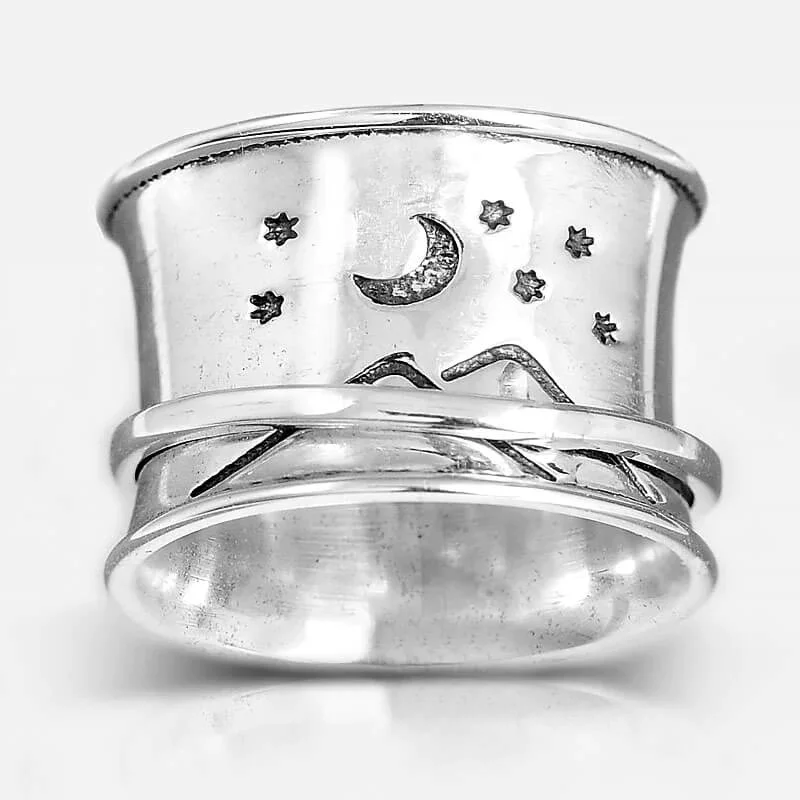 Vintage Engraved Star Moon Pattern Rings For Women Men Rotating ...