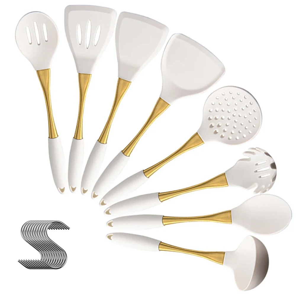 8Pcs-White-Gold-Silicone-Kitchenware-Cooking-Utensils-Kitchen ...