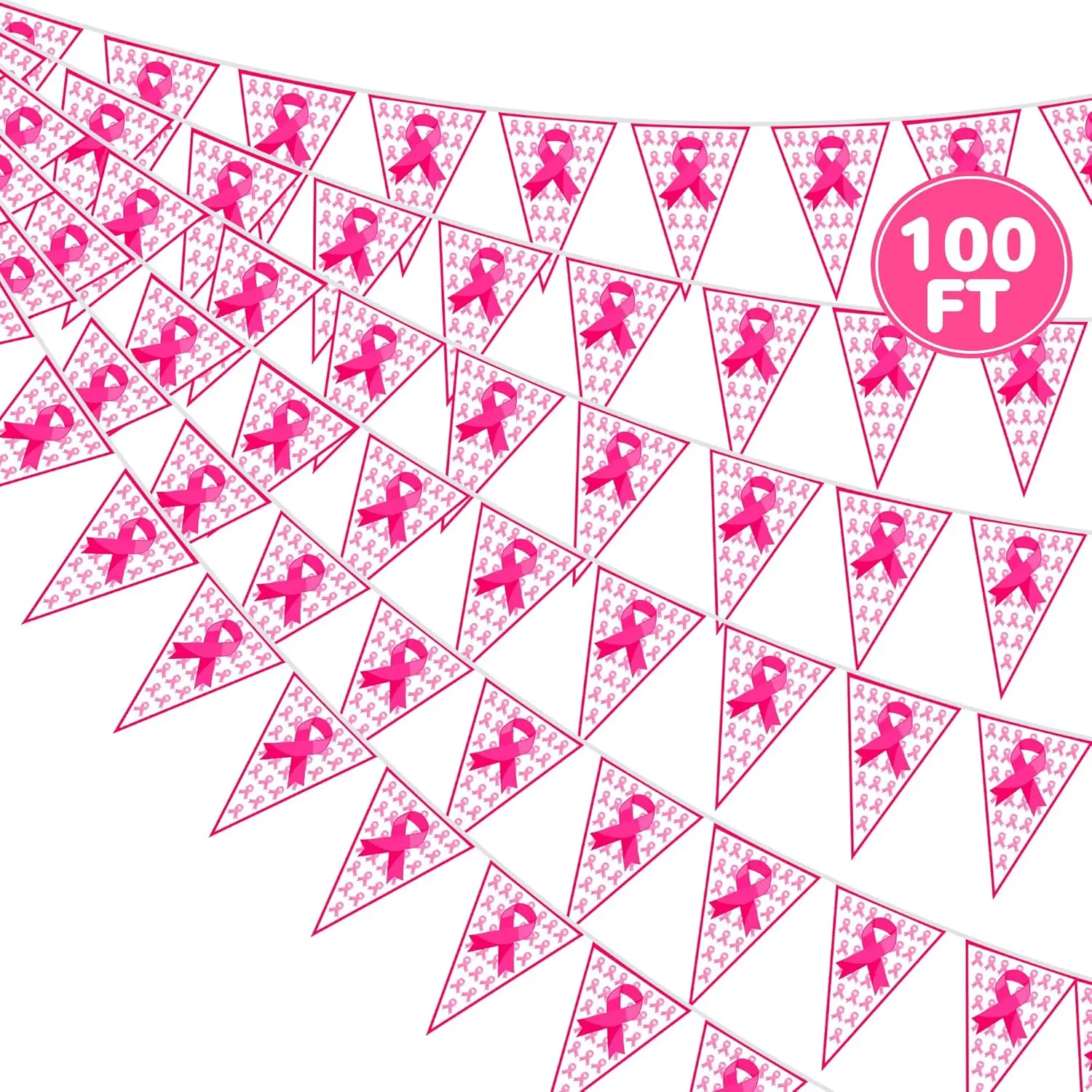 100FT Pink Ribbon Banner-60 PCS Breast Cancer Awareness Pennant Flags ...