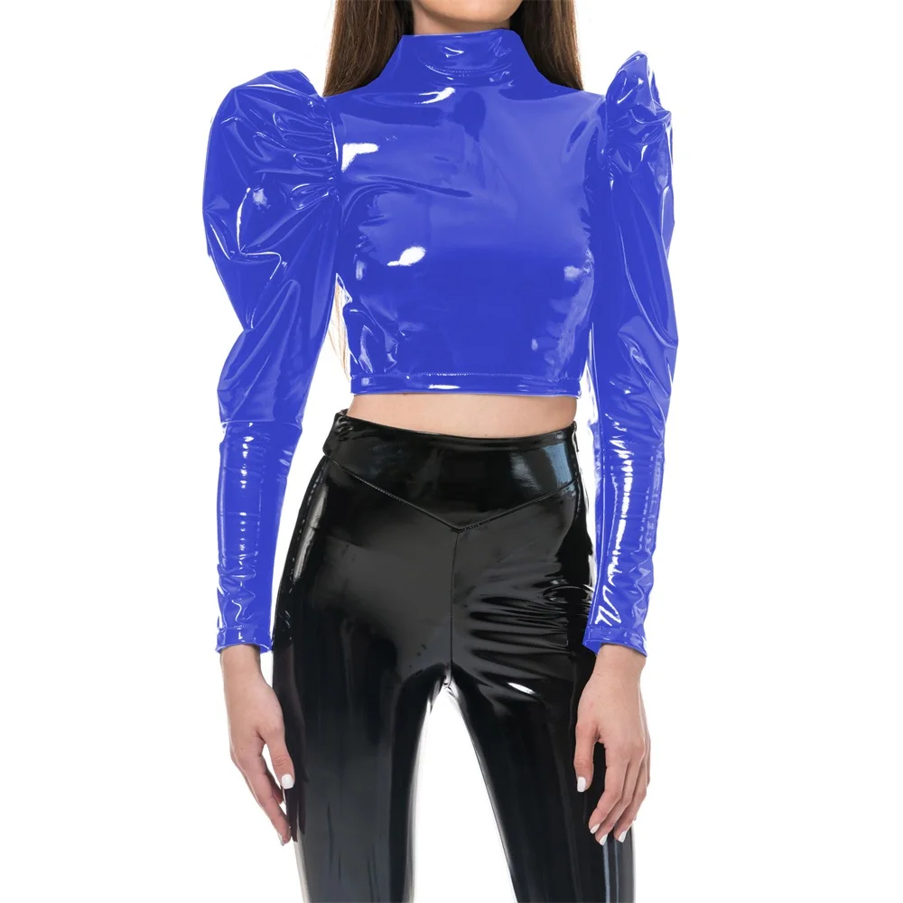 Sexy-Crop-Top-Wetlook-PVC-Leather-Half-High-Neck-Puff-Long-Sleeve ...