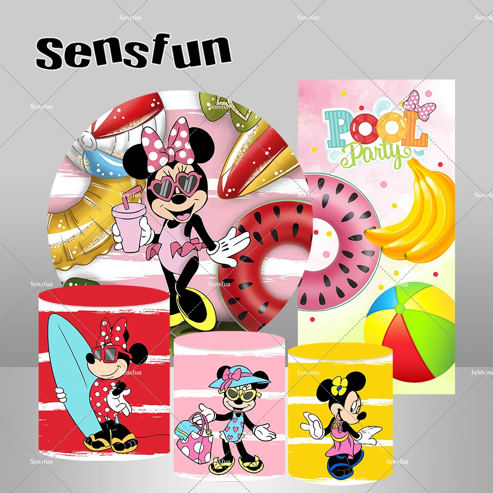 Girls-Summer-Pool-Birthday-Party-Round-Backdrop-Surfing-Minnie-Mouse ...