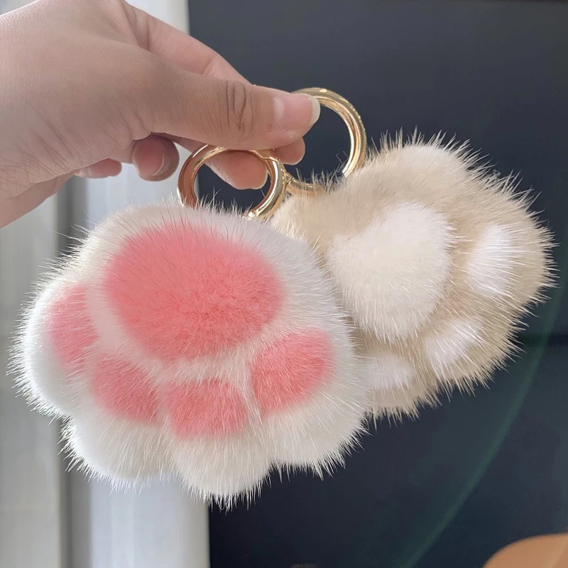 Women Car Key Pendant Faux Mink Fur Keychain Girl Cute Plush Cat Claw ...