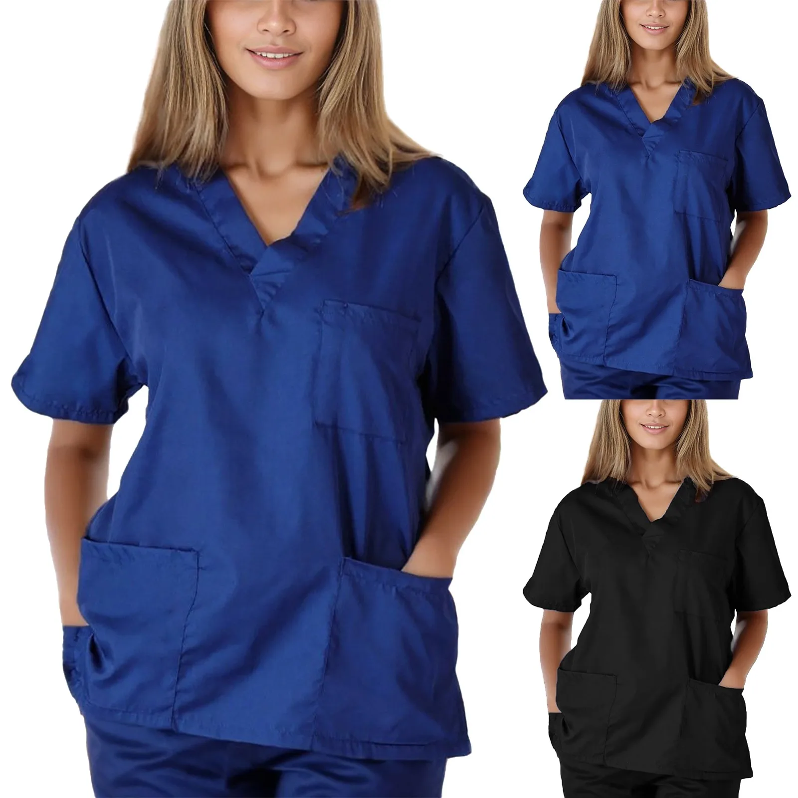Nurse-Uniform-Scrubs-Tops-Women-Solid-Color-V-Neck-Blouse-Medical ...