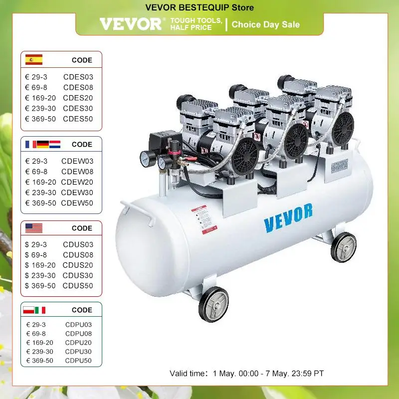 VEVOR-3-Motors-Air-Compressor-100L-30L-9L-Direct-Drive-Oil-Free-Silent ...