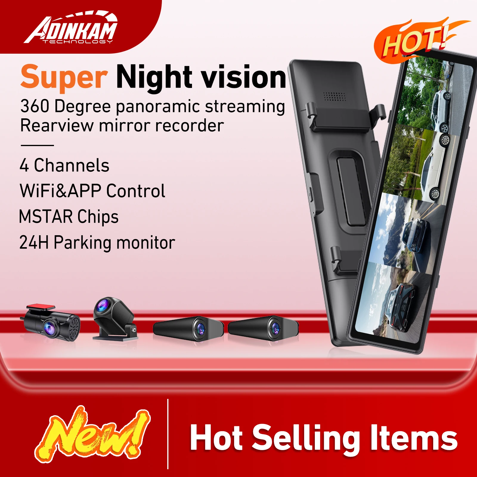 Adinakm 4CH 12 Inch Rearview Mirror Dash Cam Front,Rear and Side(Left ...
