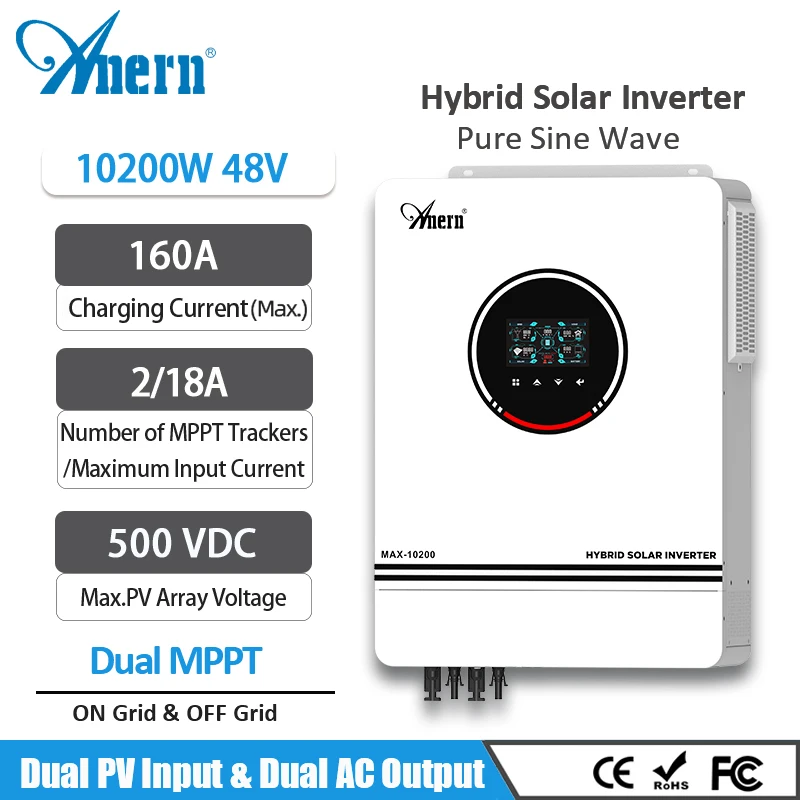 Anern 8.2KW 10.2KW Solar Inverter Off Grid on Grid 48v Photovoltaic Hybrid Inverter Dual MPPT ...
