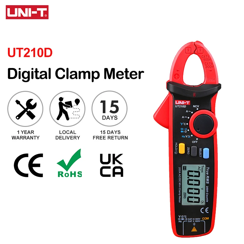UNI-T-UT210D-AC-DC-Current-Clamp-Meter-True-RMS-Voltage-Resistance ...