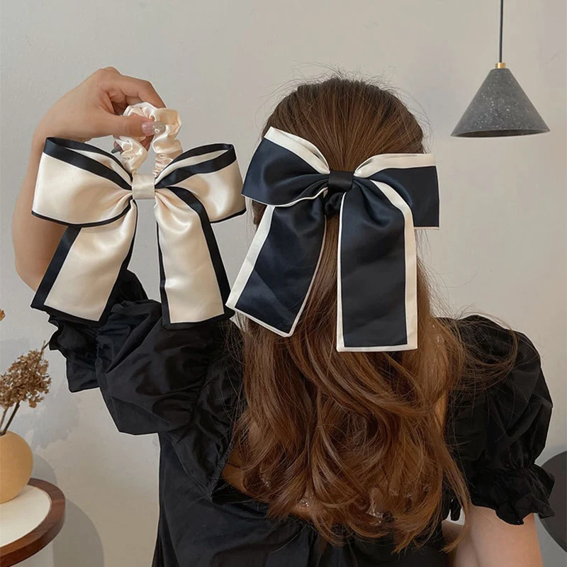 French Small Incense Bow Black And White Luxury Satin Silk Scrunchies ...