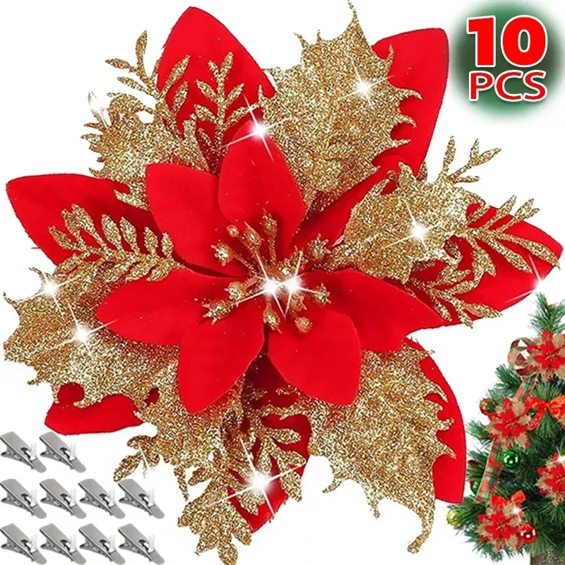 Glitter-Artificial-Flowers-Christmas-Floral-With-Clips-Xmas-Tree ...