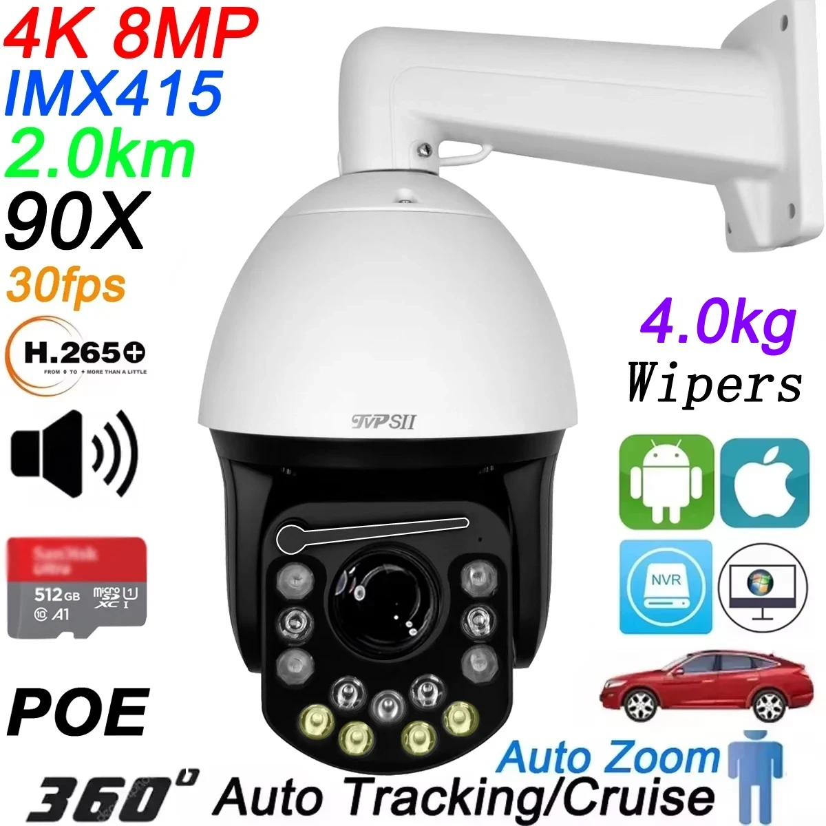 Onvif Metal Wiper Laser Full Color Auto Tracking 8MP 4K 90X 60X Optical ...