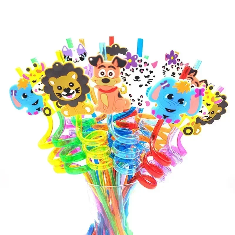 8pcs-26cm-Jungle-Animals-Reusable-Plastic-Helical-Drinking-Straws ...