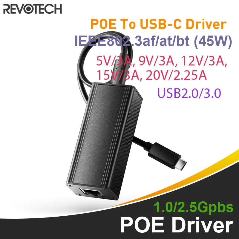 REVOTECH 25W PoE to TypeC Adapter Converter, PoE to USB-C Power Output ...