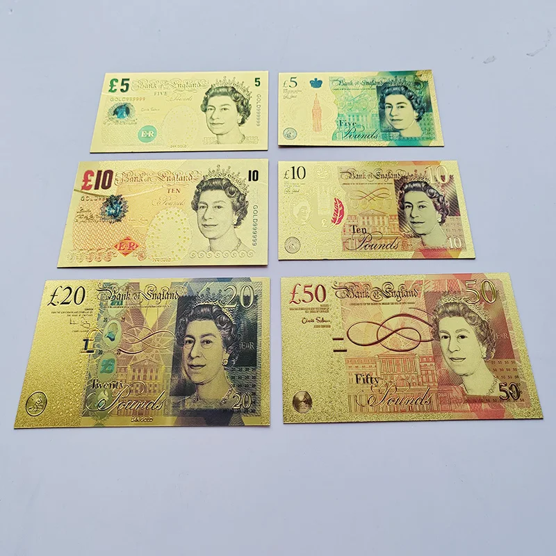 Full-Set-Colored-Gold-Foil-Banknote-Queen-Elizabeth-United-Kindom-Pound ...