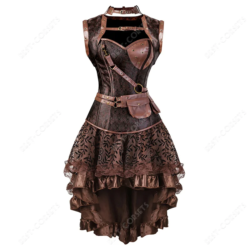 Brown-Pirate-Corset-Dress-Steampunk-Leather-Overbust-Corset-Top-With ...