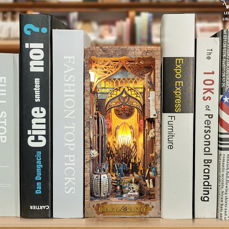 DIY Wooden Book Nook Shelf Insert Kits Miniature Building Dragon Castle Bookends Doll Houses ...