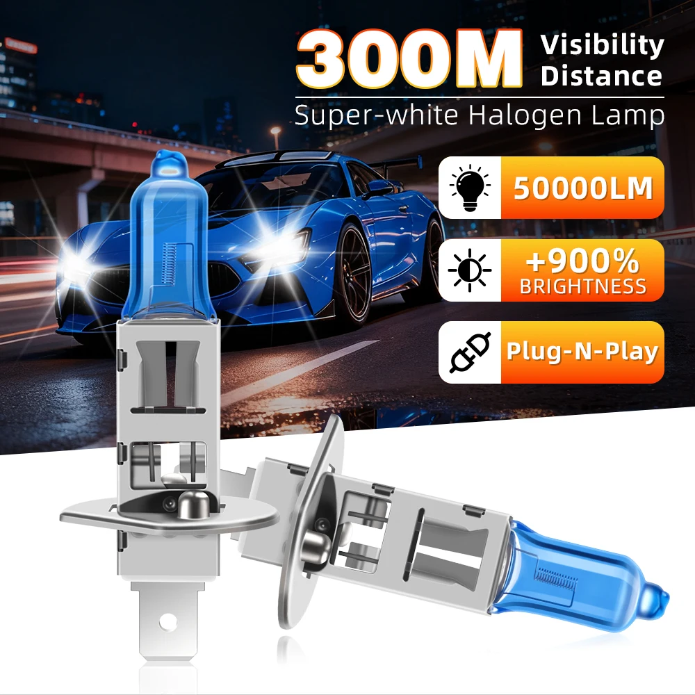 2Pcs H1 Super Bright 6000K White Halogen Bulb Headlight 50000LM 100W ...